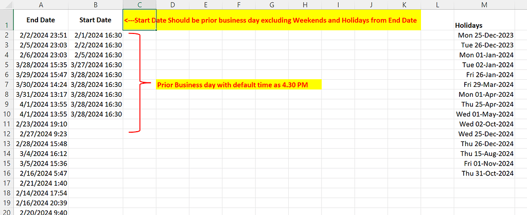 Dynamic Start Date (i.e., business day) based on End date excluding Weekends and Holidays ...